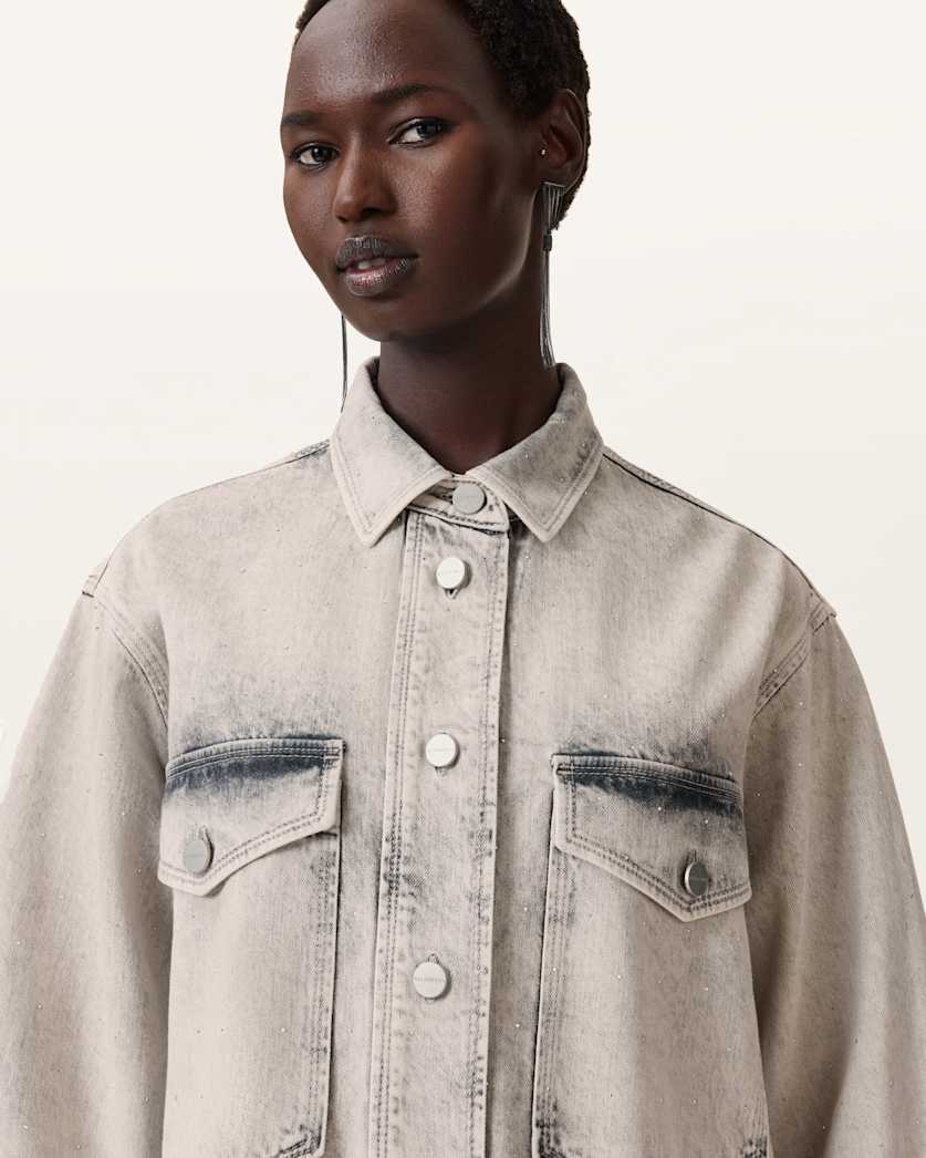 Faye Sparkle Denim Mini Dress SNOW GREY | ALLSAINTS US